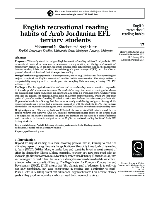 (PDF) English recreational reading habits of Arab Jordanian EFL ...