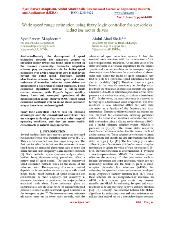 Pdf Wide Speed Range Estimation Using Fuzzy Logic Controller For