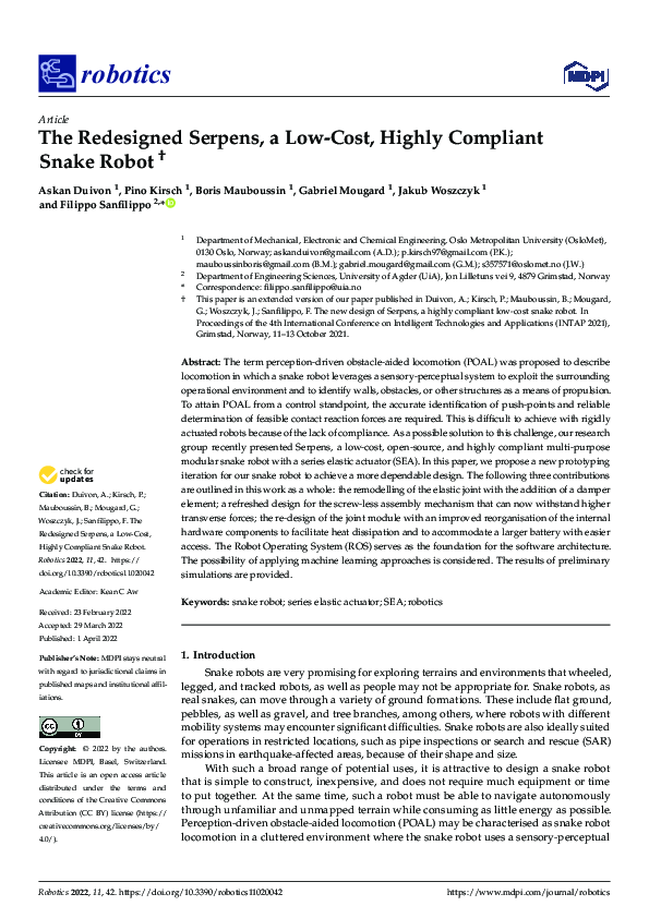 (PDF) The Redesigned Serpens, a Low-Cost, Highly Compliant Snake Robot