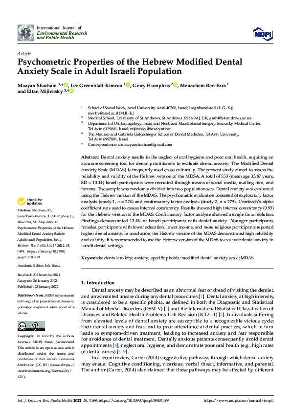 (PDF) Psychometric Properties of the Hebrew Modified Dental Anxiety ...