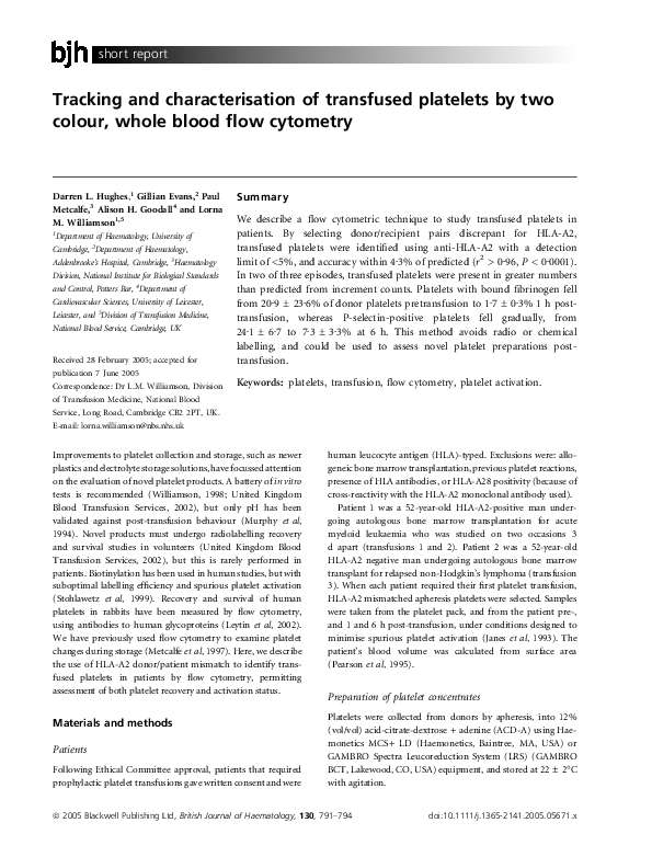 (PDF) Tracking and characterisation of transfused platelets by two ...