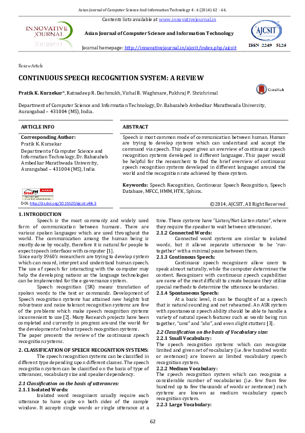 (PDF) Continuous Speech Recognition System: A Review