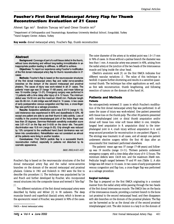(PDF) Foucher's first dorsal metacarpal artery flap for thumb reconstruction: evaluation of 21 cases