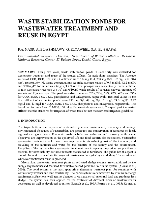 (PDF) Waste Stabilization Ponds for Wastewater Treatment