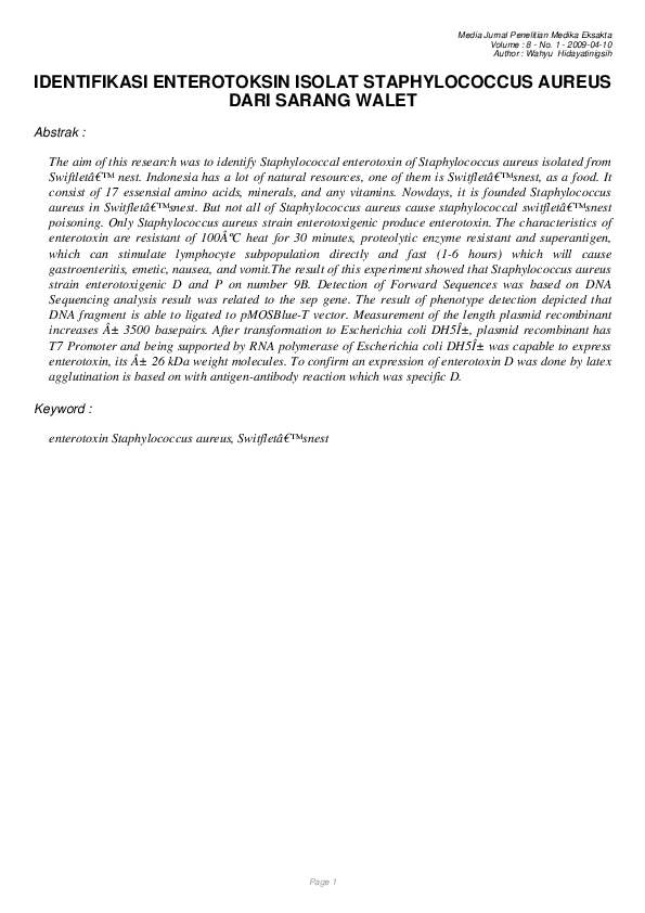 (PDF) Identifikasi Enterotoksin Isolat Staphylococcus Aureus Dari ...
