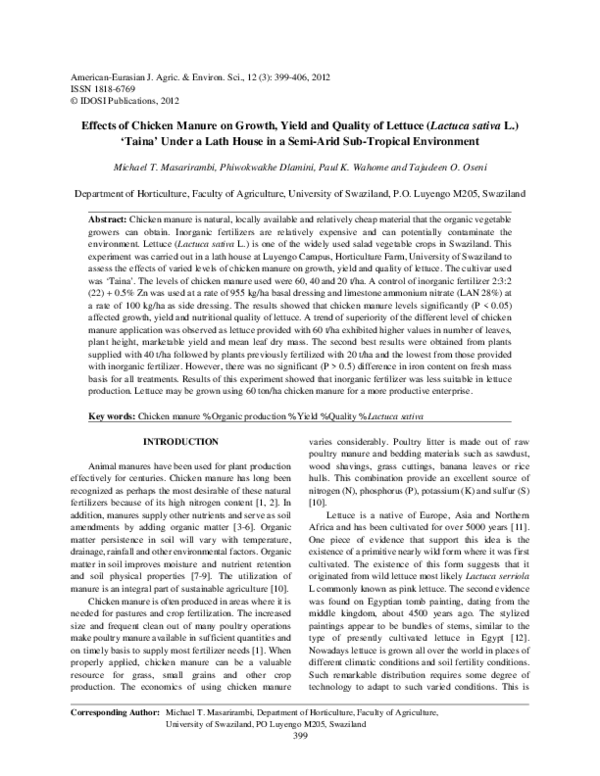 (PDF) Effects of Chicken Manure on Growth, Yield and Quality of Lettuce (Lactuca sativa L ...