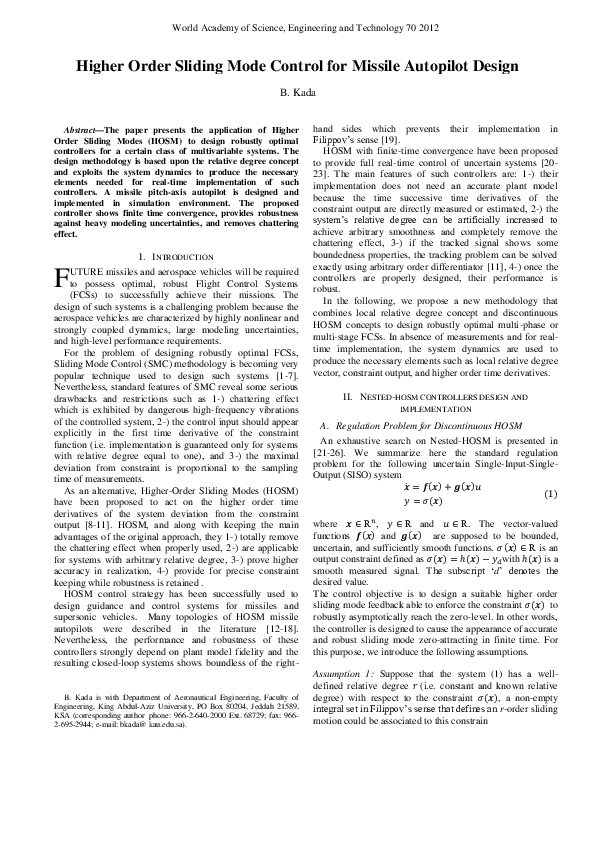 (PDF) Higher Order Sliding Mode Control for Missile Autopilot Design