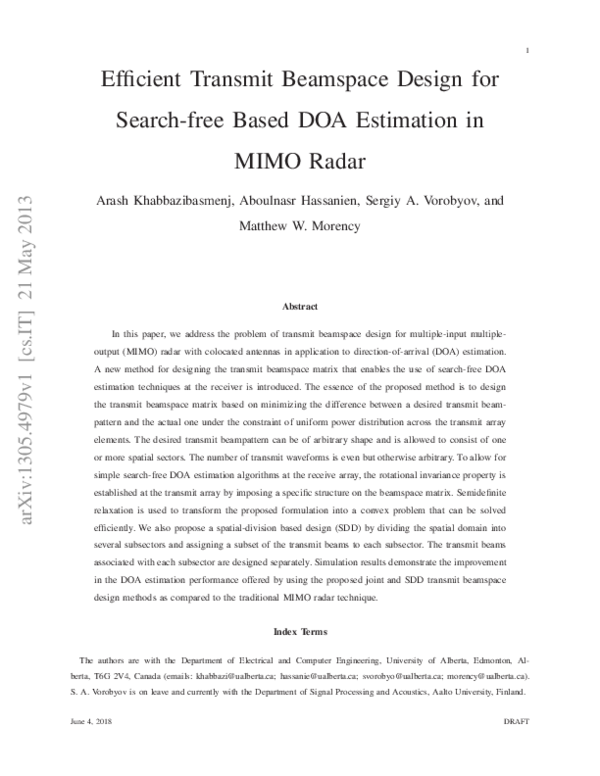 (PDF) Efficient Transmit Beamspace Design for Search-free Based DOA Estimation in MIMO Radar