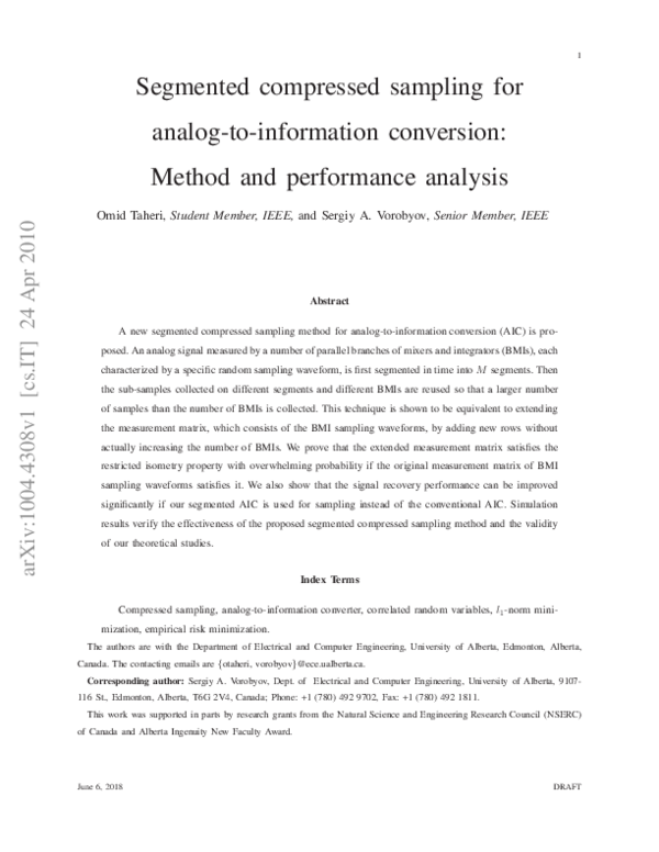 (PDF) Segmented Compressed Sampling for Analog-to-Information Conversion: Method and Performance ...