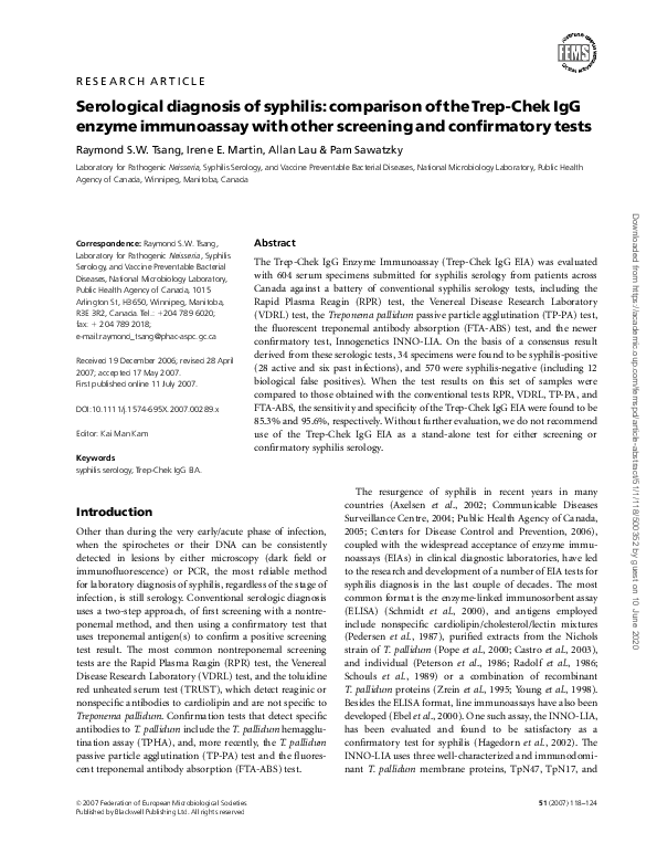 (PDF) Serological diagnosis of syphilis: comparison of the Trep-Chek ...