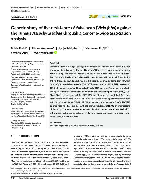 (PDF) Genetic study of the resistance of faba bean ( Vicia faba ) against the fungus Ascochyta ...