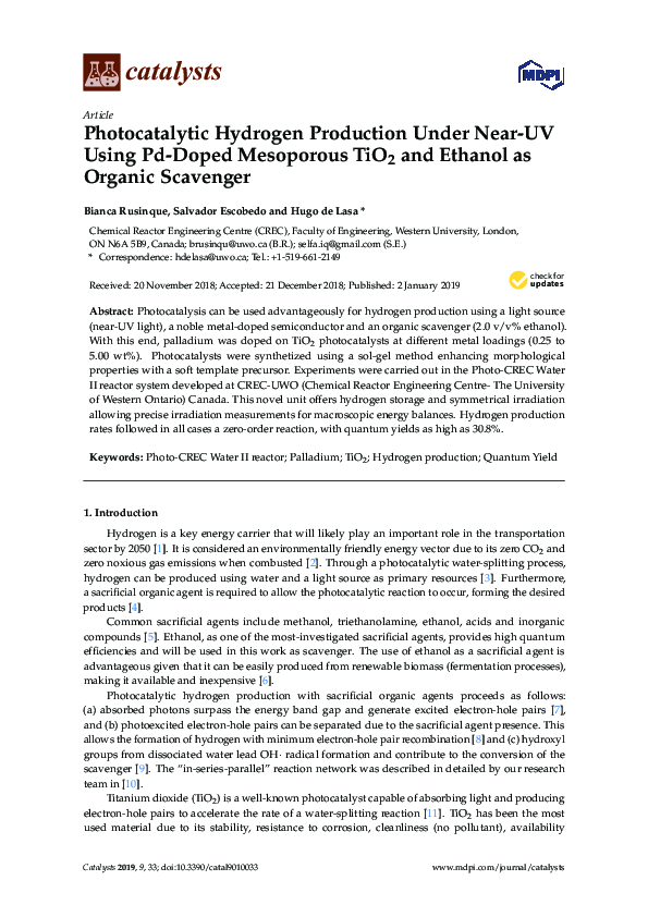 (PDF) Photocatalytic Hydrogen Production Under Near-UV Using Pd-Doped ...