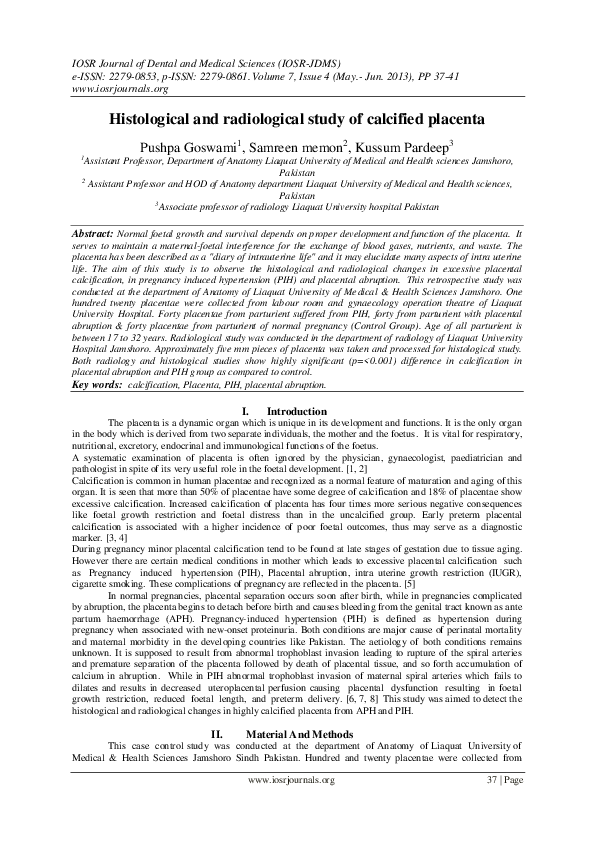 (PDF) Histological and radiological study of calcified placenta