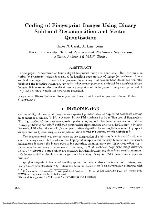 (PDF) Coding of fingerprint images using binary subband decomposition and vector quantization