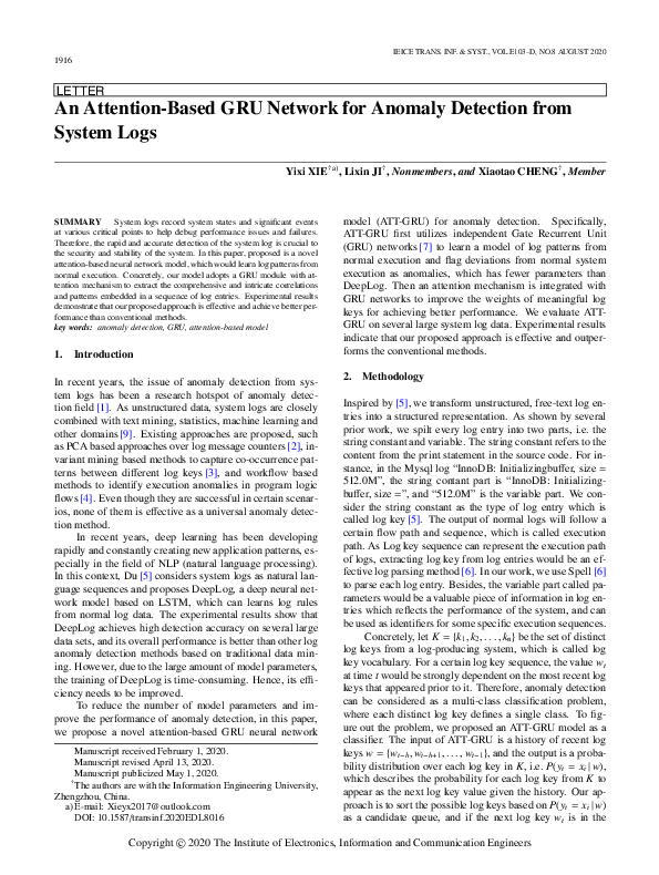 Pdf An Attention Based Gru Network For Anomaly Detection From System Logs