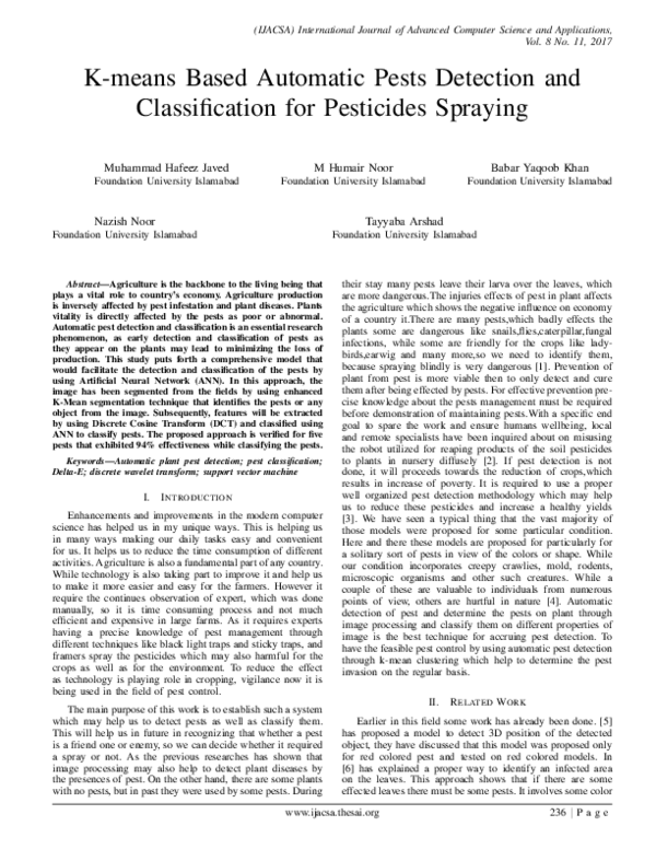 (PDF) K-means Based Automatic Pests Detection and Classification for Pesticides Spraying