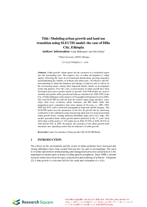 (PDF) Modeling Urban Growth and Land Use Transition Using SLEUTH Model: The Case of Dilla City ...