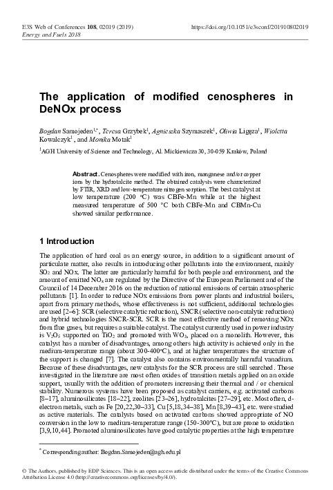 (PDF) The application of modified cenospheres in DeNOx process