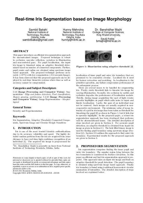 Pdf Real Time Iris Segmentation Based On Image Morphology Sambit Bakshi