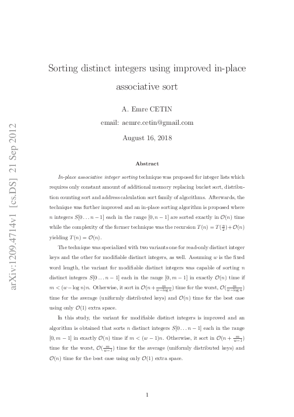 (PDF) Sorting distinct integers using improved in-place associative sort