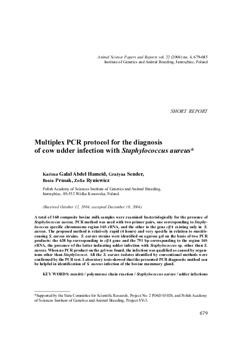 (PDF) Multiplex PCR protocol for the diagnosis of cow udder infection ...