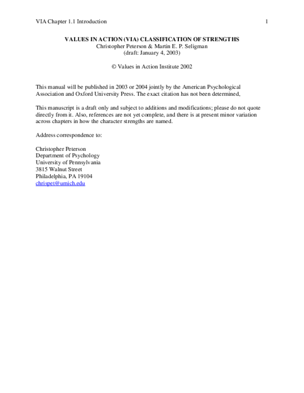 Pdf The Values In Action Via Classification Of Strengths