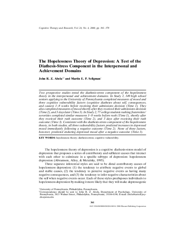 (PDF) The Hopelessness Theory of Depression: A Test of the Diathesis ...