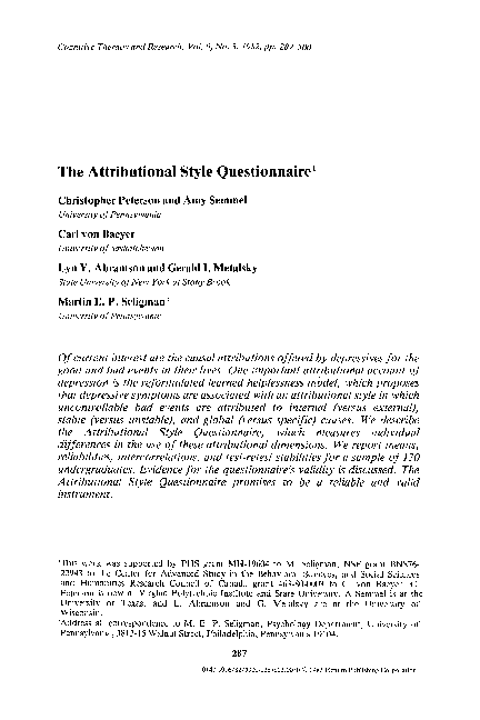 (PDF) The attributional Style Questionnaire