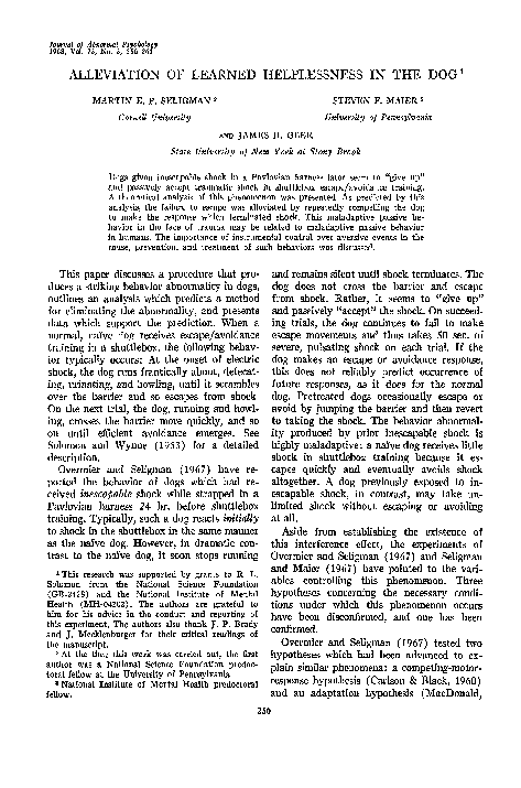 (PDF) Alleviation of Learned Helplessness in the Dog