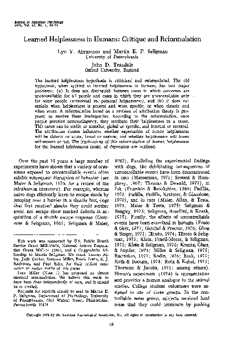 (PDF) Learned helplessness in humans: Critique and reformulation