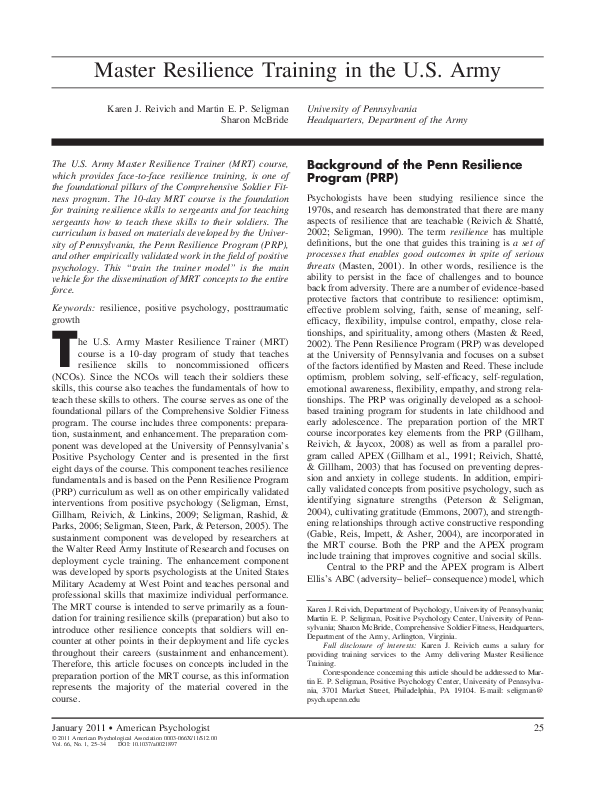 (PDF) Master resilience training in the U.S. Army