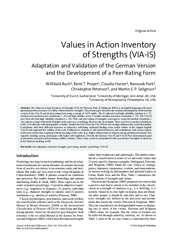 Pdf Values In Action Inventory Of Strengths Via Is Adaptation And Validation Of The German
