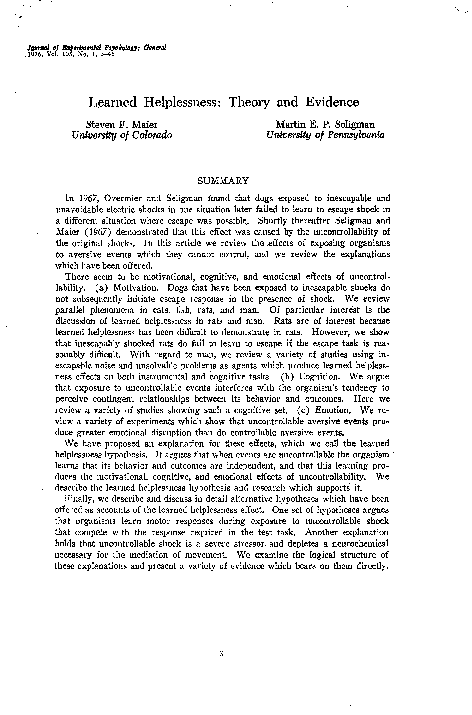 (PDF) Learned helplessness: Theory and evidence
