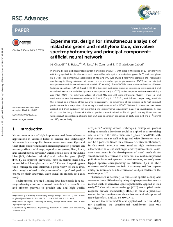 (PDF) Experimental design for simultaneous analysis of malachite green and methylene blue ...