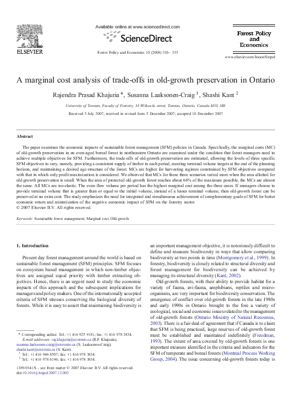 (PDF) A marginal cost analysis of trade-offs in old-growth preservation ...