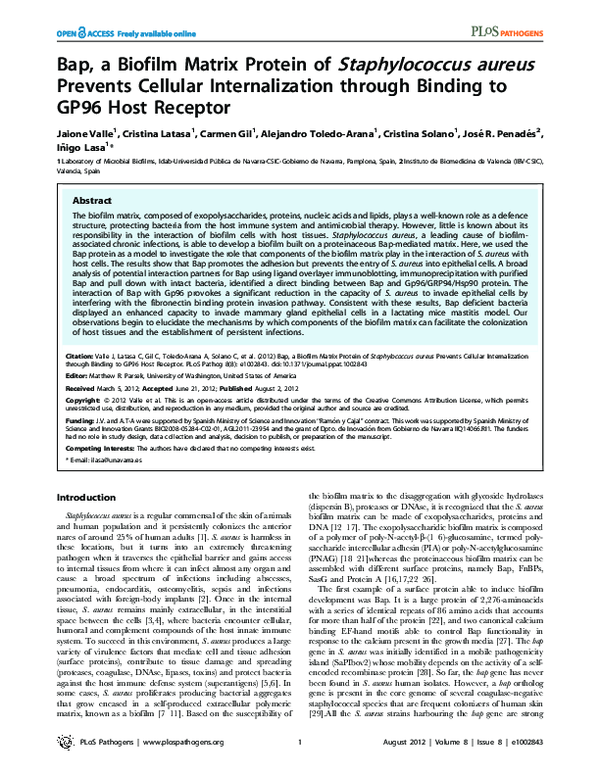 (PDF) Bap, a Biofilm Matrix Protein of Staphylococcus aureus Prevents Cellular Internalization ...