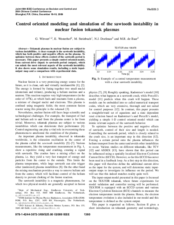 (PDF) Control oriented modeling and simulation of the sawtooth instability in nuclear fusion ...