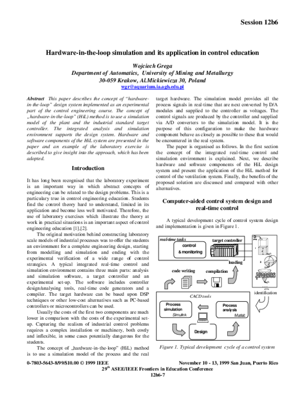 Pdf Hardware In The Loop Simulation And Its Application In Control Education