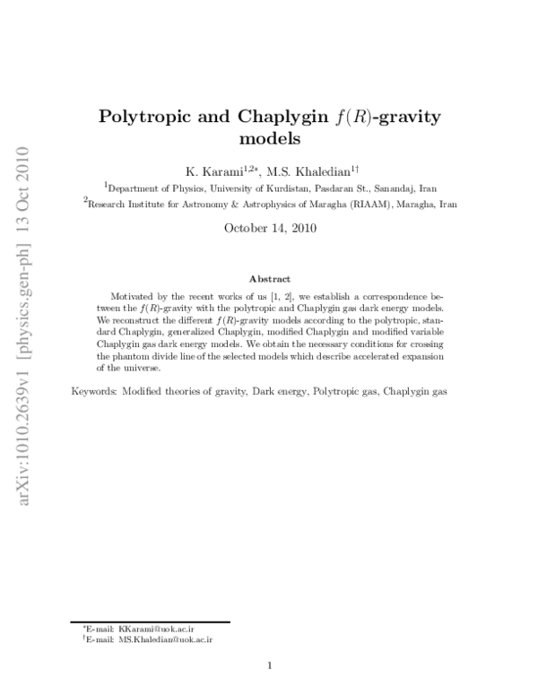 (PDF) POLYTROPIC AND CHAPLYGIN f(R)-GRAVITY MODELS