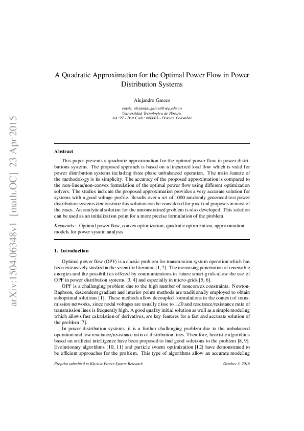 (PDF) A quadratic approximation for the optimal power flow in power ...