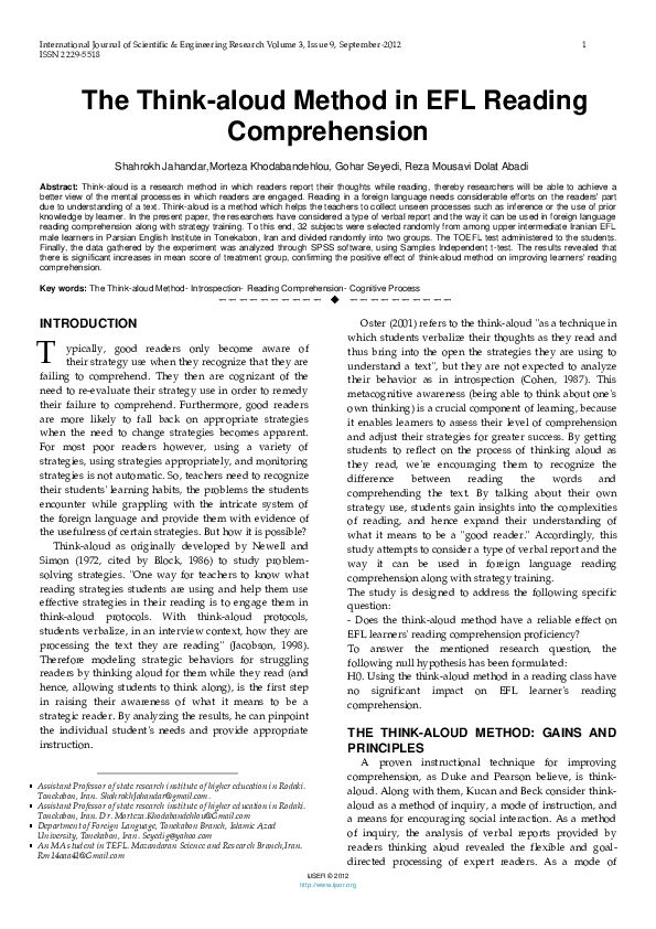 (PDF) The Think-aloud Method in EFL Reading Comprehension