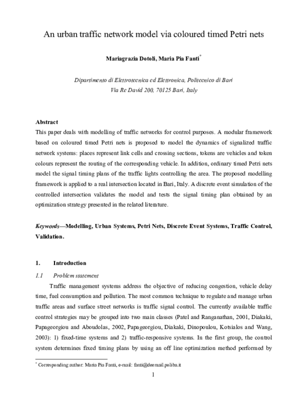 (PDF) An urban traffic network model via coloured timed Petri nets