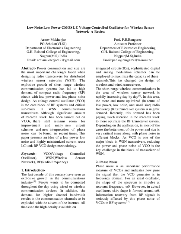 (PDF) Low Noise Low Power CMOS LC Voltage Controlled Oscillator for Wireless Sensor Network-A Review