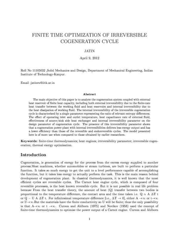 (PDF) Finite Time Optimization of Irreversible Cogeneration Cycle