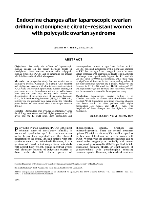 (PDF) Endocrine changes after laparoscopic ovarian drilling in clomiphene citrate-resistant ...