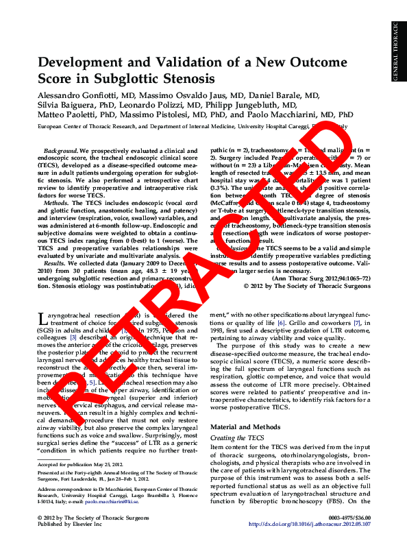 RETRACTED: Development and Validation of a New Outcome Score in ... RETRACTED: Development and Validation of a New Outcome Score in ...