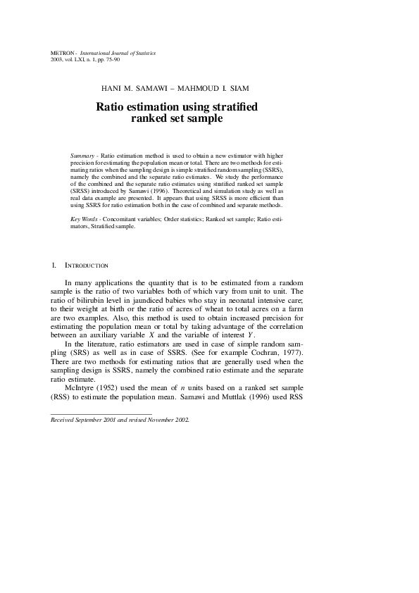 (PDF) Ratio estimation using stratified ranked set sample