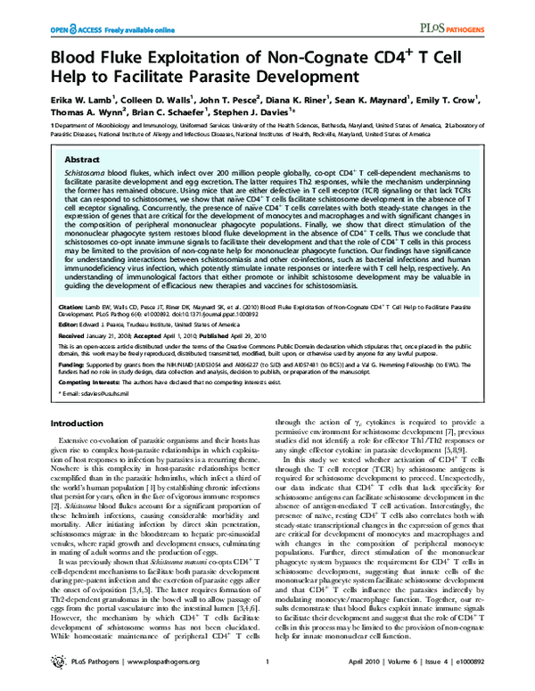(PDF) Blood Fluke Exploitation of Non-Cognate CD4+ T Cell Help to ...