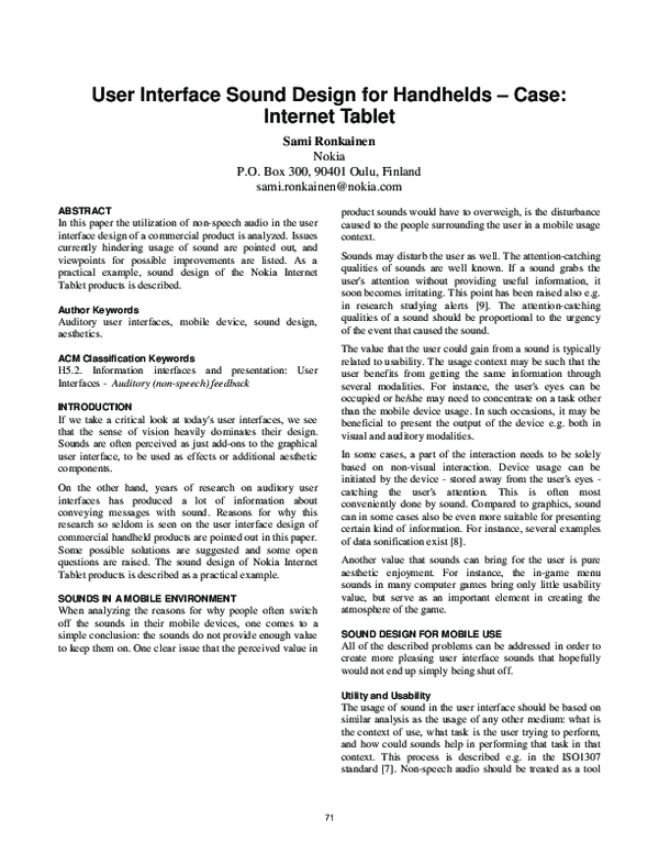 (PDF) User Interface Sound Design for Handhelds – Case: Internet Tablet