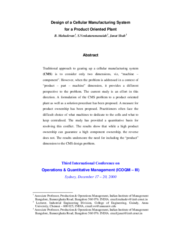 (PDF) Design of a Cellular Manufacturing System for a Product Oriented ...